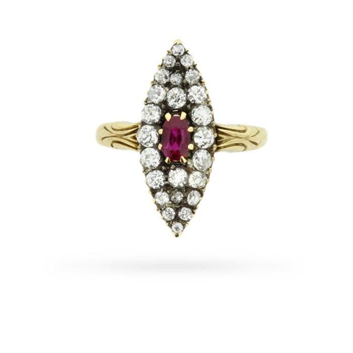 Victorian Marquise-Shaped Ruby and Diamond Cluster Ring, c.1890s ...