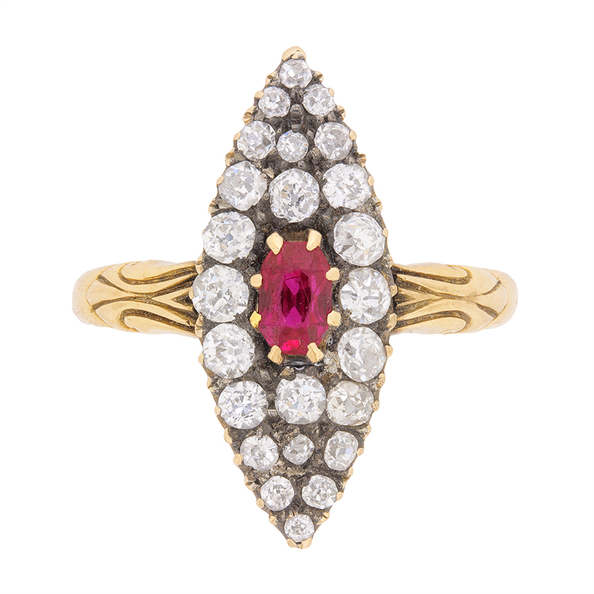Victorian Marquise-Shaped Ruby and Diamond Cluster Ring, c.1890s ...