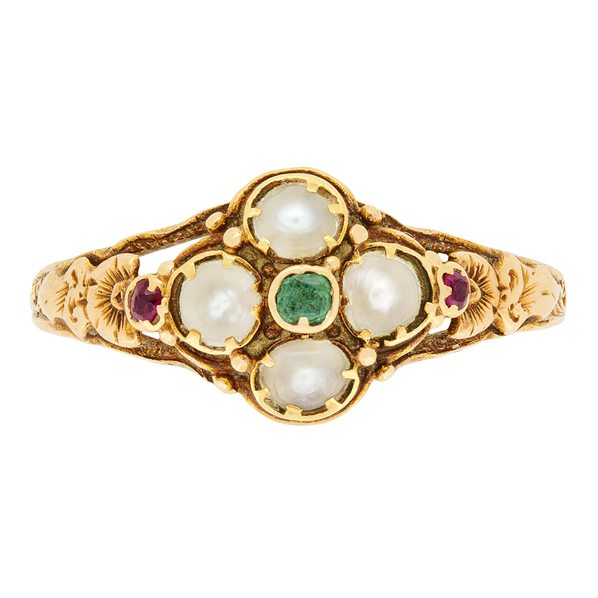 Victorian Emerald, Pearl and Ruby Cluster ring, c.1860s | Farringdons ...