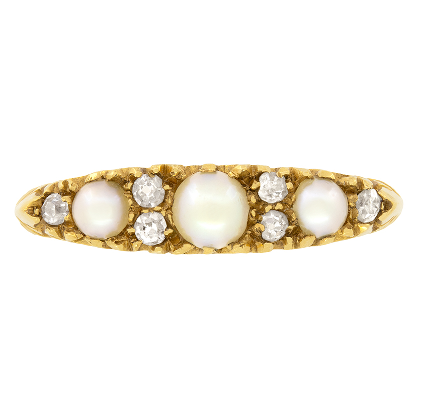 Victorian Pearl and Diamond Carved Shank Ring, hallmarked 1899 ...
