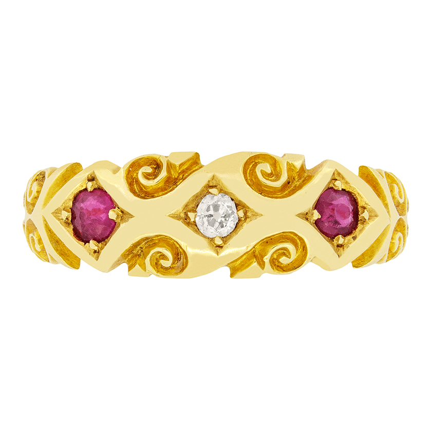Victorian Diamond and Ruby Carved Shank Trilogy Ring, hallmarked 1895 ...