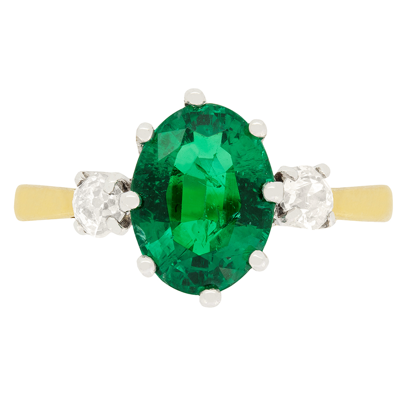 Edwardian 2.35ct Emerald and Diamond Three Stone Ring, c.1910s ...