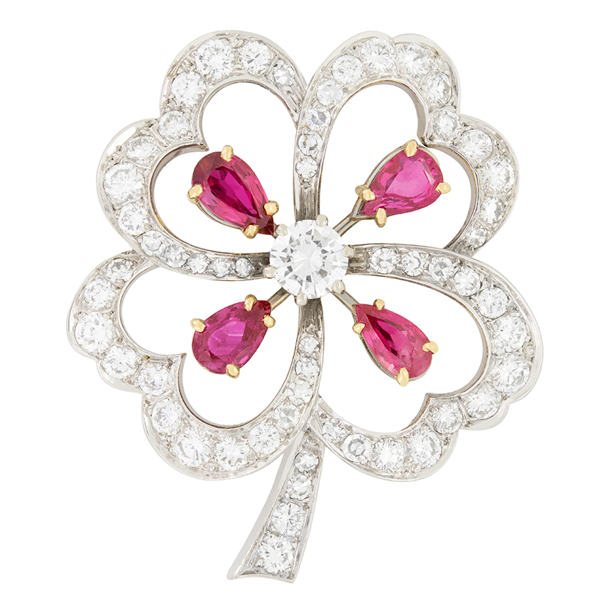 Vintage 3.00ct Diamond and Ruby Clover Brooch, c.1950s | Farringdons ...
