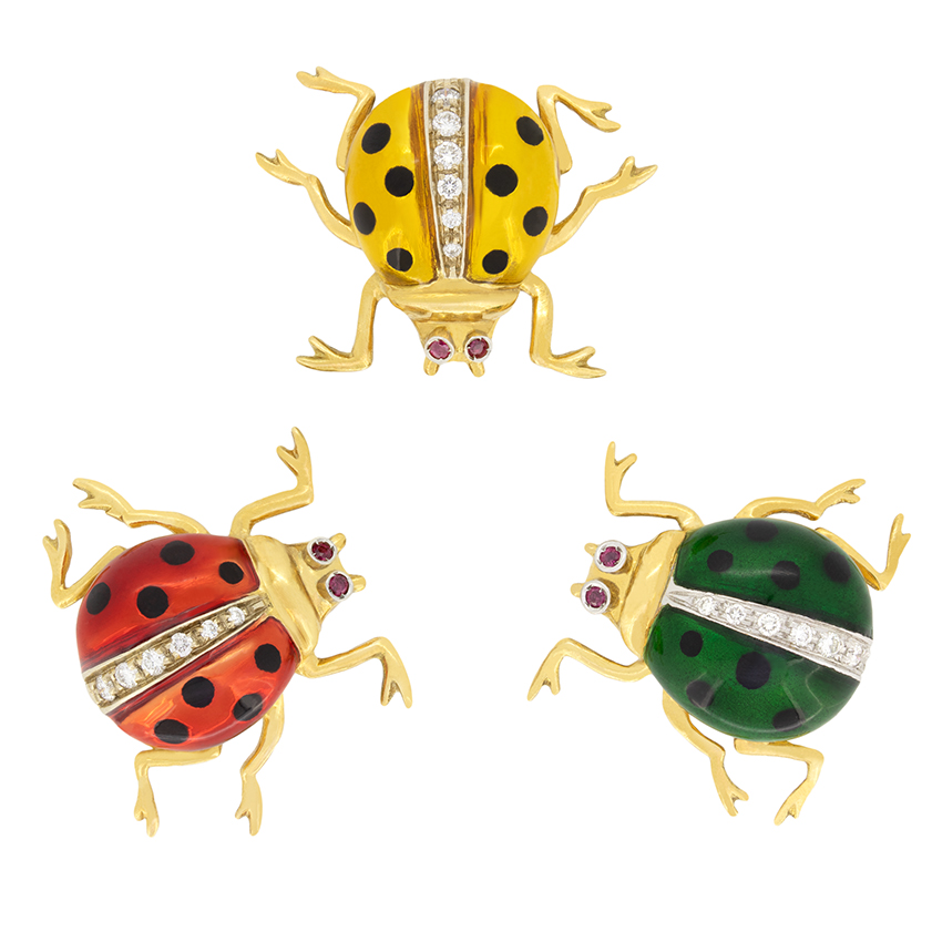 Vintage Diamond and Ruby Lady Bird Brooch Set, c.1970s | Farringdons ...