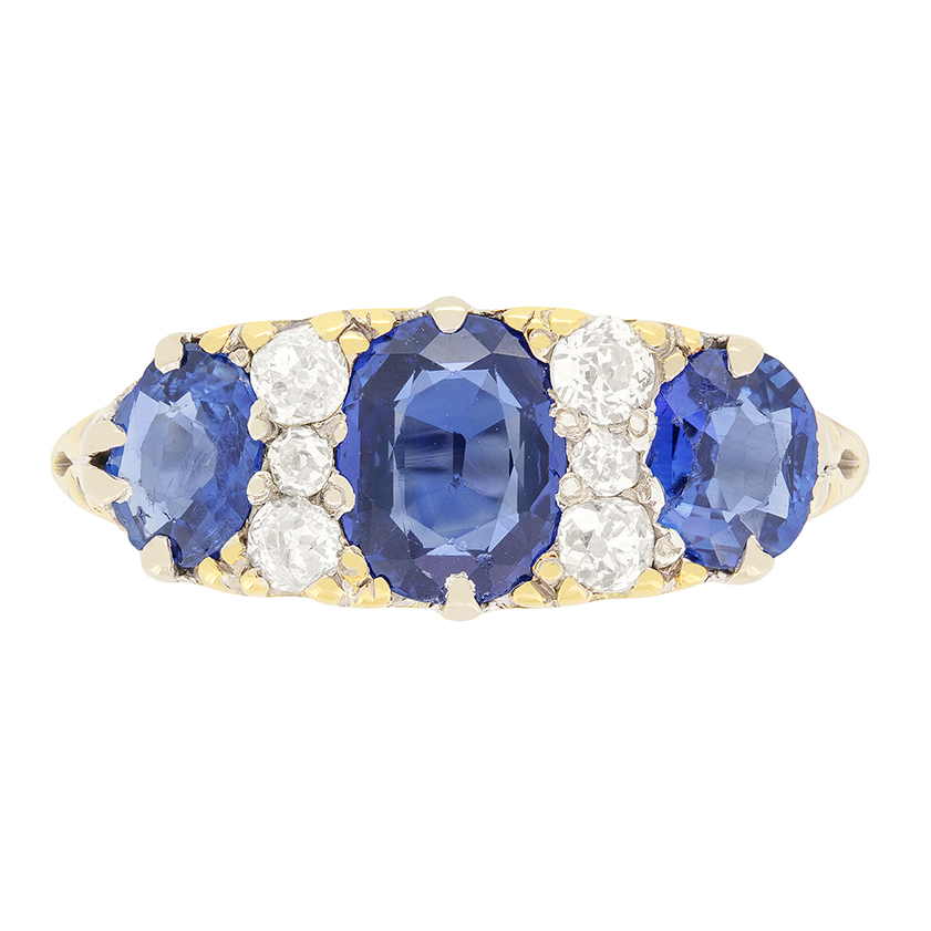 Victorian 1.90ct Sapphire and Diamond Carved Shank Ring, c.1880s ...