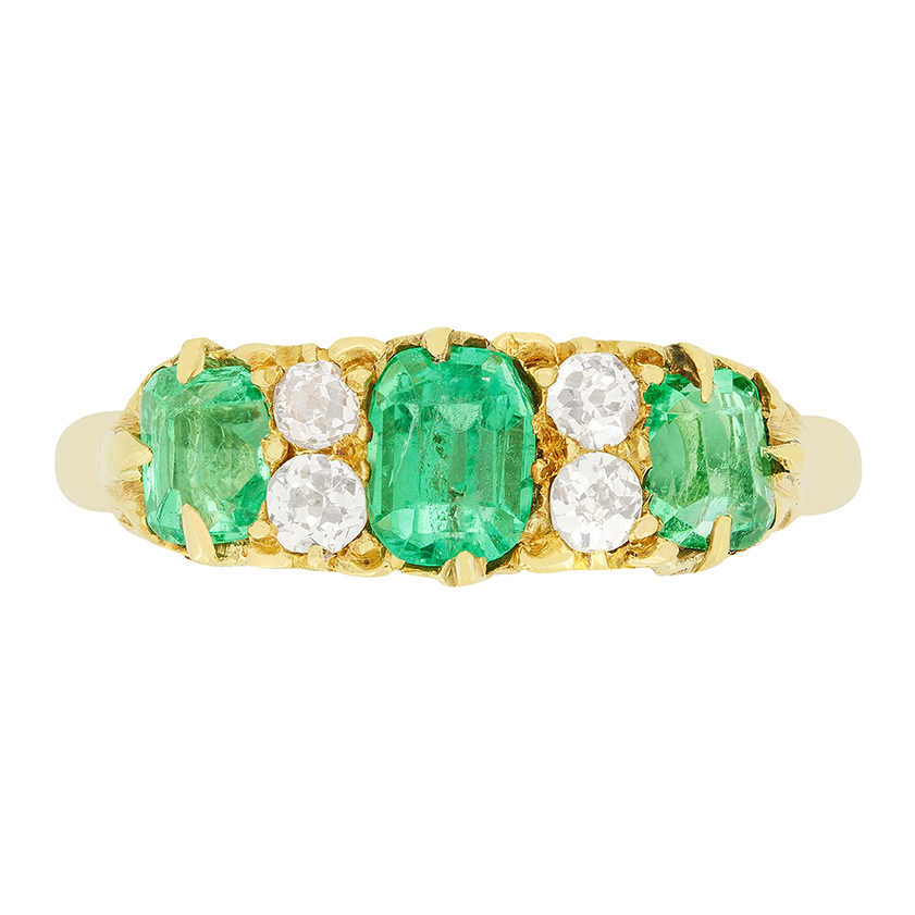 Victorian 1.10ct Emerald and Diamond Carved Shank Ring, hallmarked 1891 ...