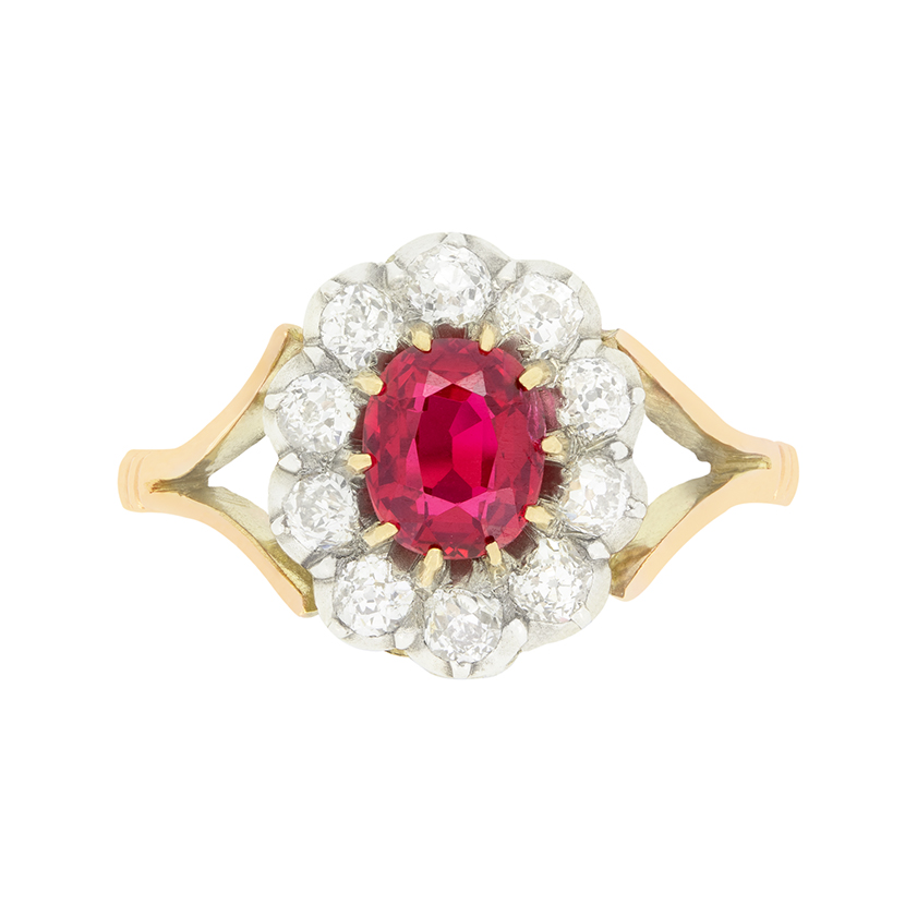 Late Victorian 0.90ct Red Spinel and Diamond Cluster Ring, c.1900s ...